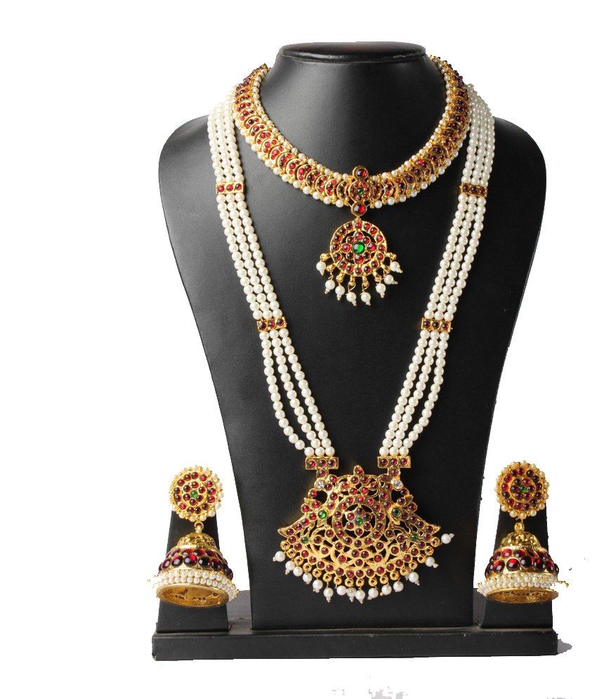 Vijaya Stores 3 Line Long Pearl Haram With Pendant And Short Necklace ...