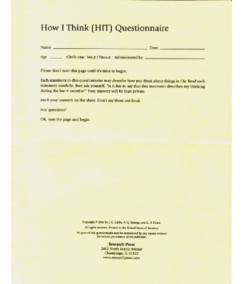 HIT-How I Think Questionnaire, Packet of 20 Questionnaires: Buy HIT-How ...