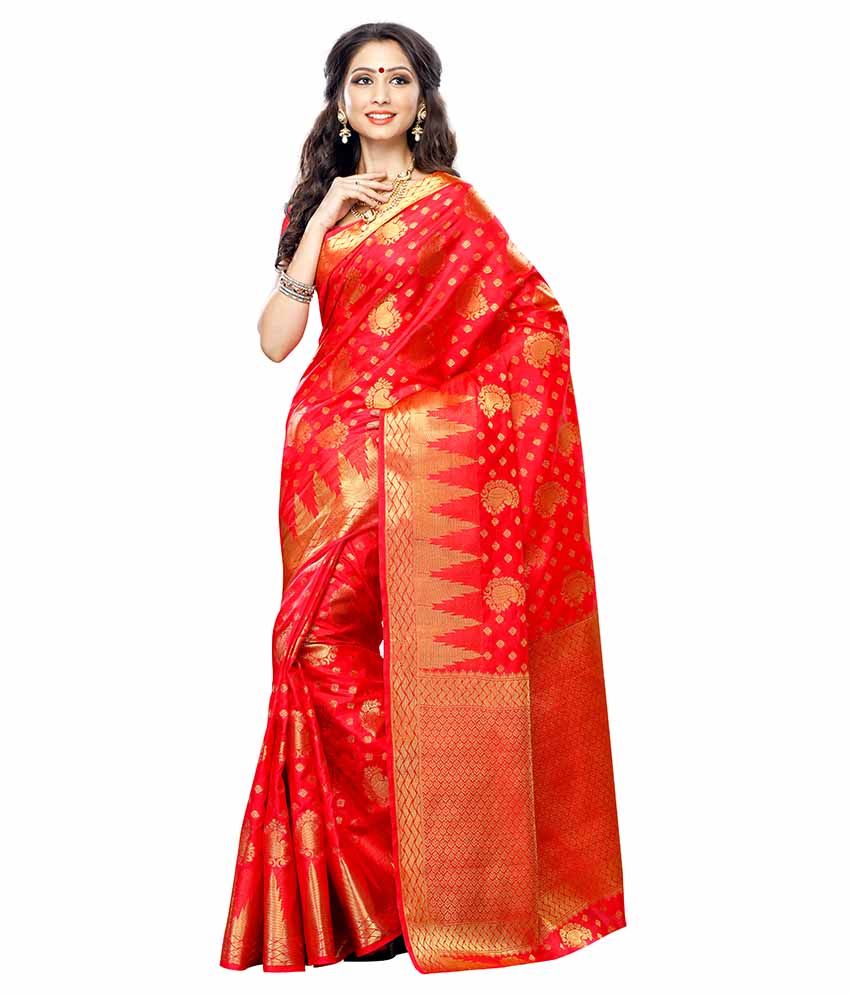 Mimosa Red And Orange Tussar Silk Saree Buy Mimosa Red And Orange
