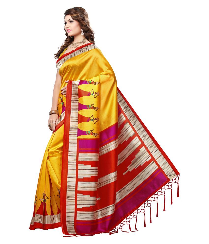 e-vastram Yellow and Red Maheshwari silk Saree - Buy e-vastram Yellow ...