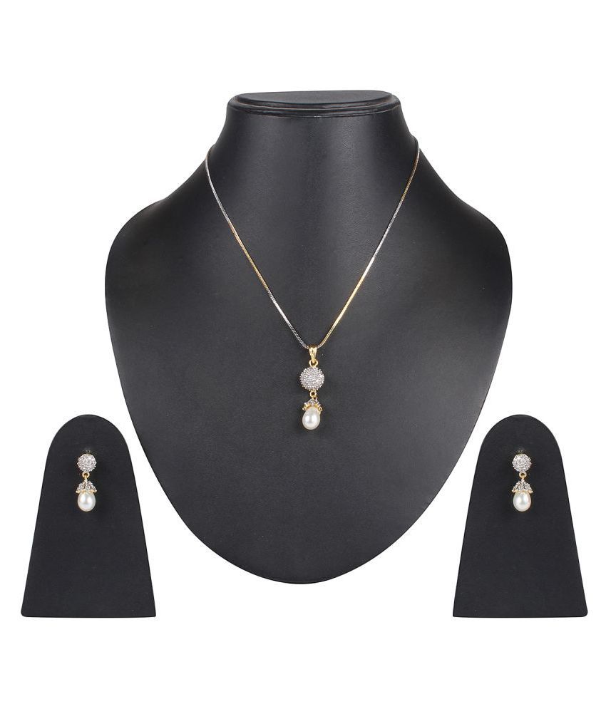 Ds Gold Plated American Diamond Pearl Pendant Set With Chain And