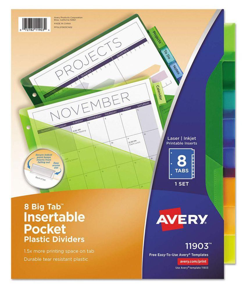 Avery 11903 Insertable Big Tab Plastic Dividers W Single Pockets 8 Tab 
