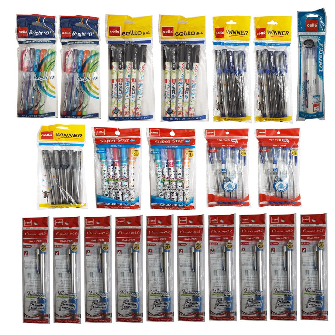 10 BRIGHT O FLUID INK PEN 10 CELLO GELLITO GEL PEN 10 CELLO WINNER 10 BRIGHT O FLUID INK PEN 10 CELLO GELLITO GEL PEN 10 CELLO WINNER