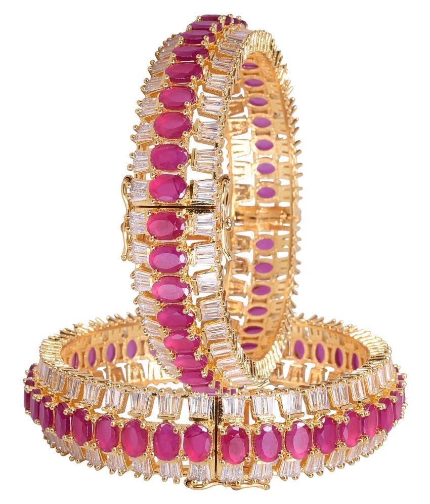 Ratnavali Jewels Gold Plated American Diamond Cz Red Ruby Openable Kada