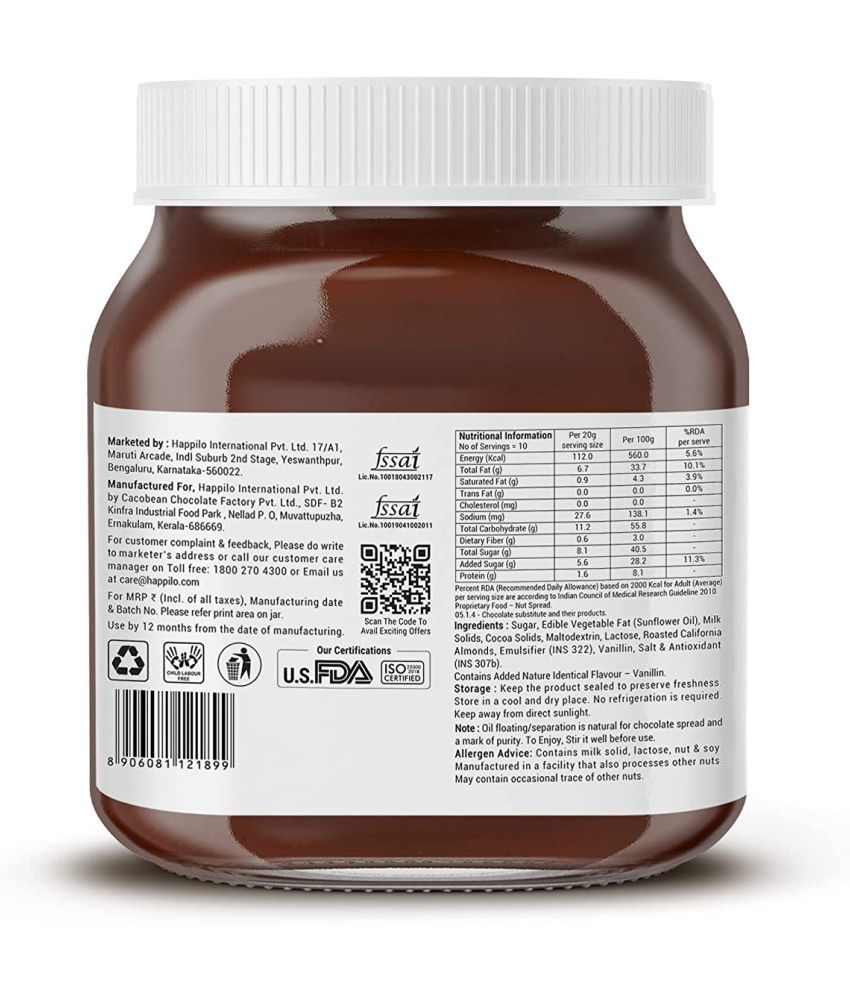 Happilo Chocolate Almond Spread 200g, Low Carb Chocolate Dessert Spread ...